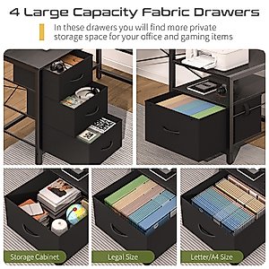 Yoobure L Shaped Desk with Drawers, Gaming Desk with LED Lights & Outlets, 75" Reversible Computer Desk with Storage File Cabinet & Printer Stand, Corner Desk Office Desk with Dual Monitor Stand Black