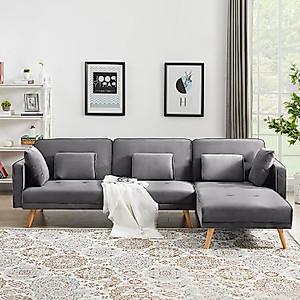Eafurn L-Shaped Convertible Sectional Sofa with Chaise Lounge and Adjustable Spilt Backrest,3 Seater Soft Velvet Sleeper Couch Bed with Wooden Legs,Tufted Corner Sofa & Couch with Throw Pillows