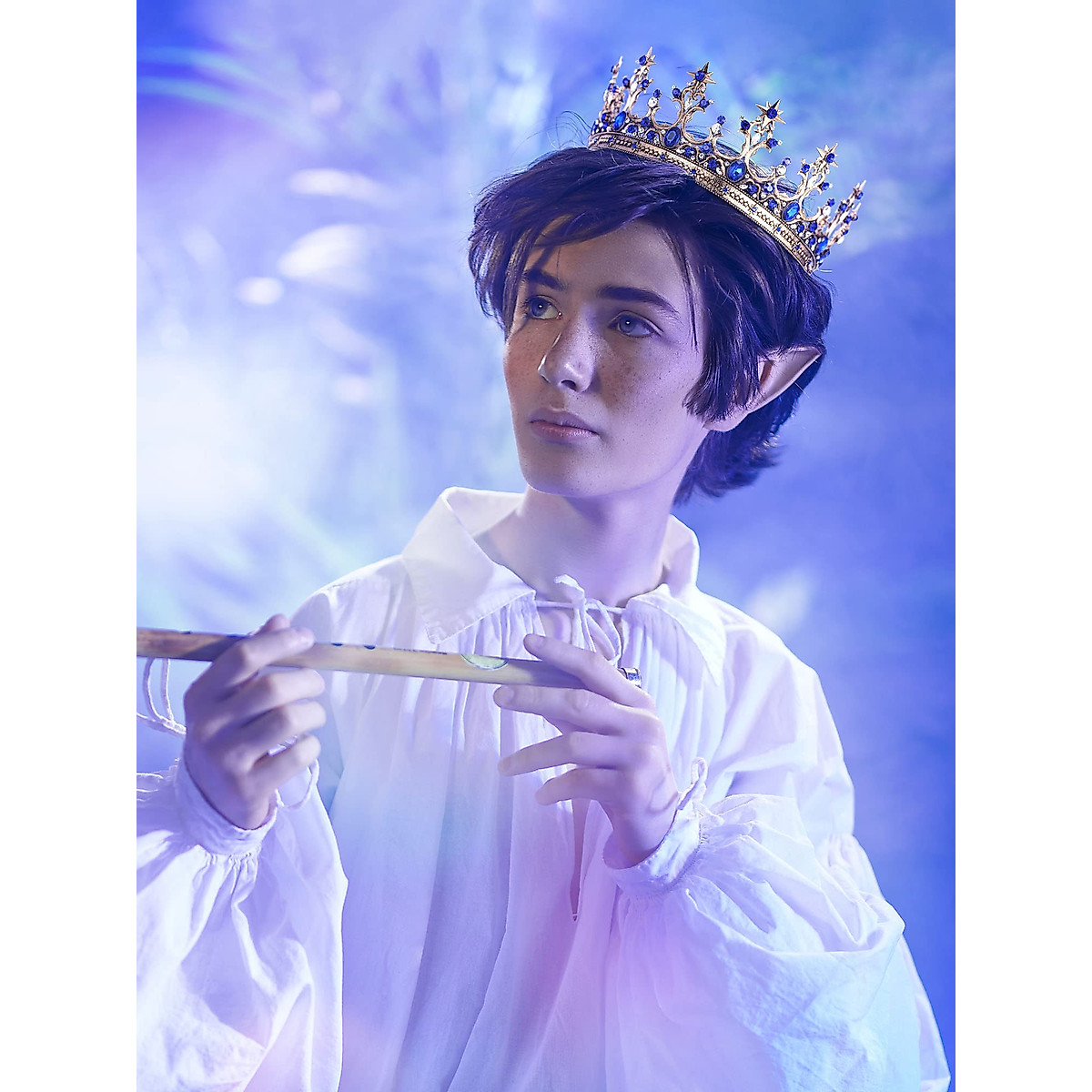 SWEETV Couple Crowns for Women & Men,Crystal Queen Tiara King Crown Set,2-Pack Gold Blue Medieval Hair Accessories for Prom Wedding Photo Shoot Birthday