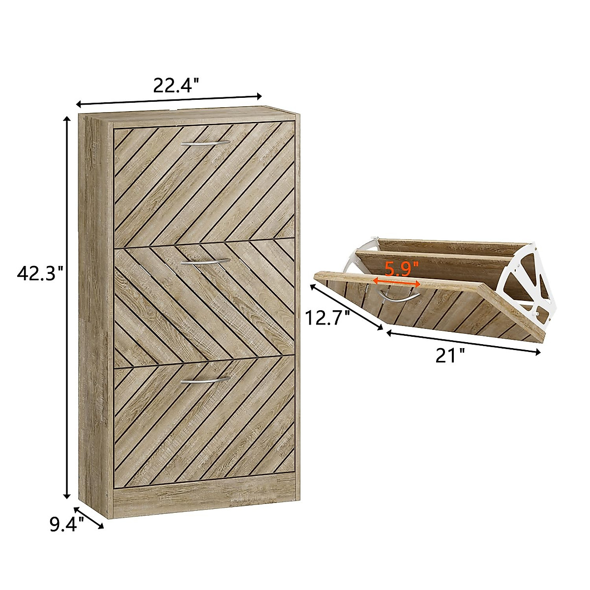 WOODTIME Shoe Cabinet with 3 Flip Drawers & Shutter Doors, Modern Shoe Rack Cabinet with Removable Divider, Narrow Shoe Storage Organizer for Slim Entryway, Dorm, Brown