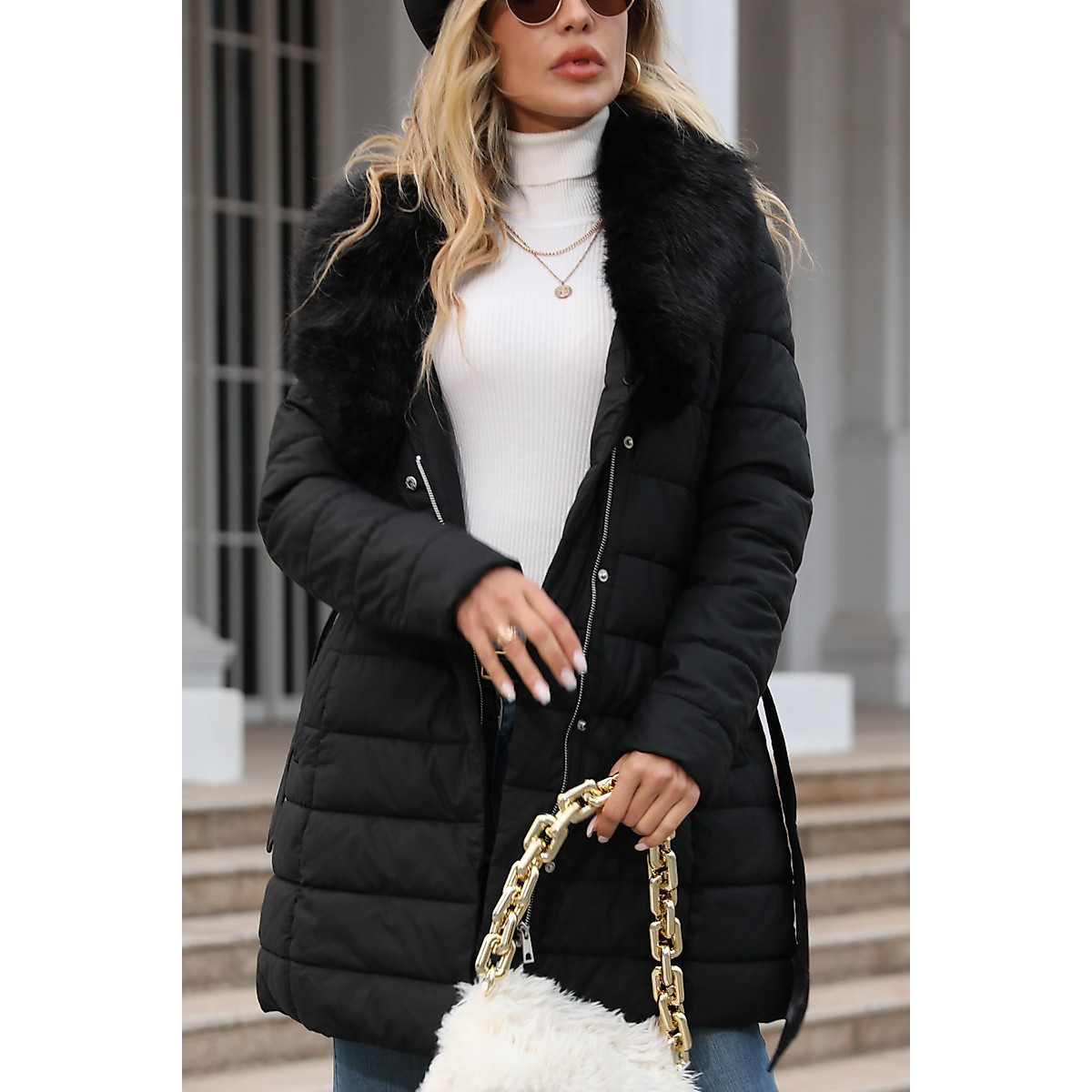 Bellivera Women's Winter Puffer Jacket Cold-resistant patchwork plush lining Coat with Removable Fur Collar Hooded and Belted 5527 BLACK M