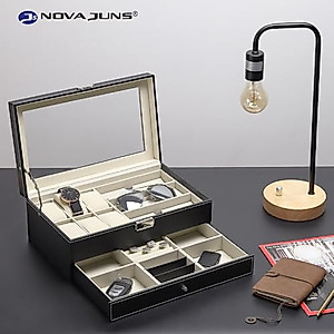 JS NOVA JUNS 6 slots watch box Jewelry Organizer Lockable Sunglass Display Case with Black Faux Leather