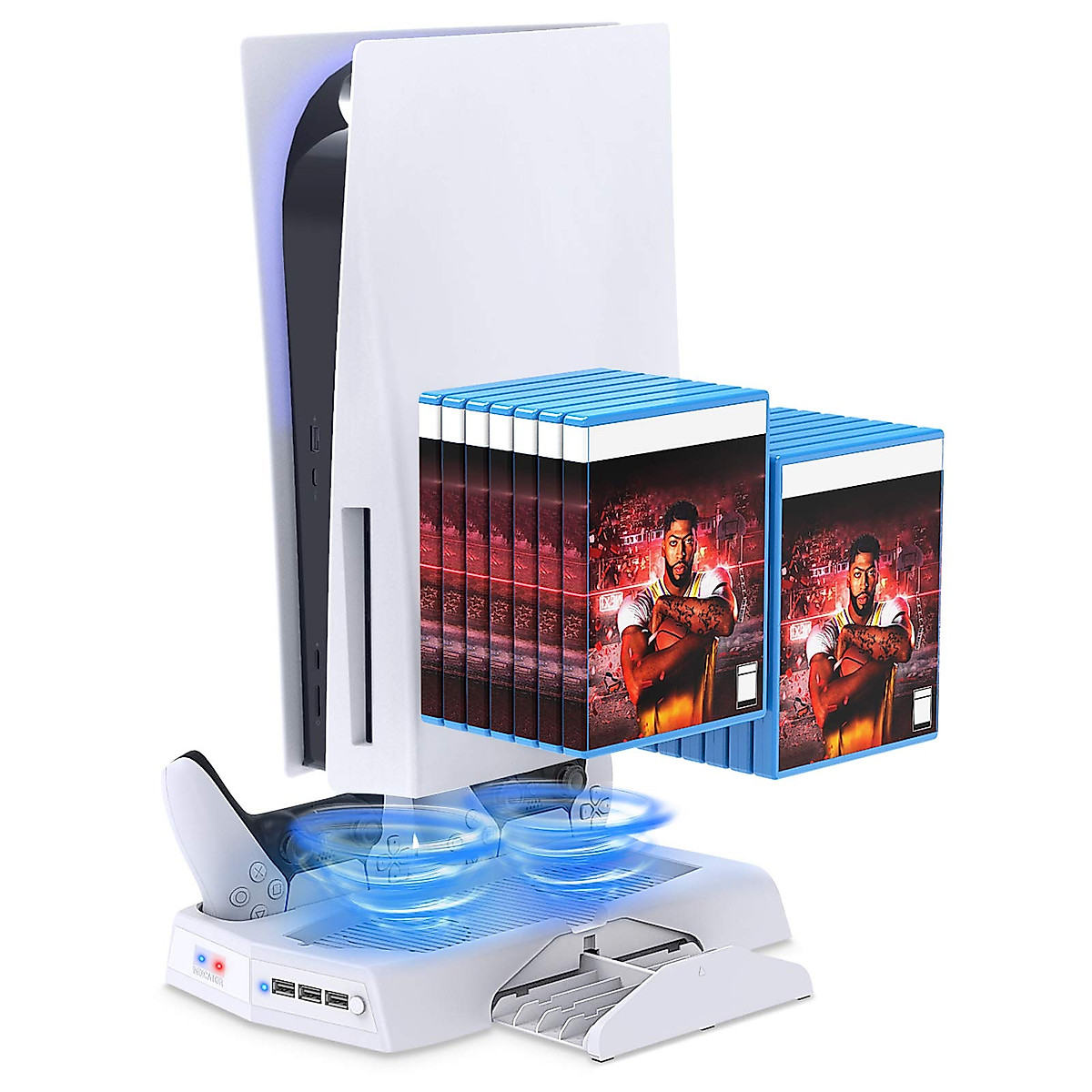 MENEEA Vertical Stand for PS5 Digital Edition/Ultra HD with Dual Controller Charging Station & Suction Cooling Fan & 14 Retractable Game Slots, for PS5 Gaming Accessories for PS5 Console