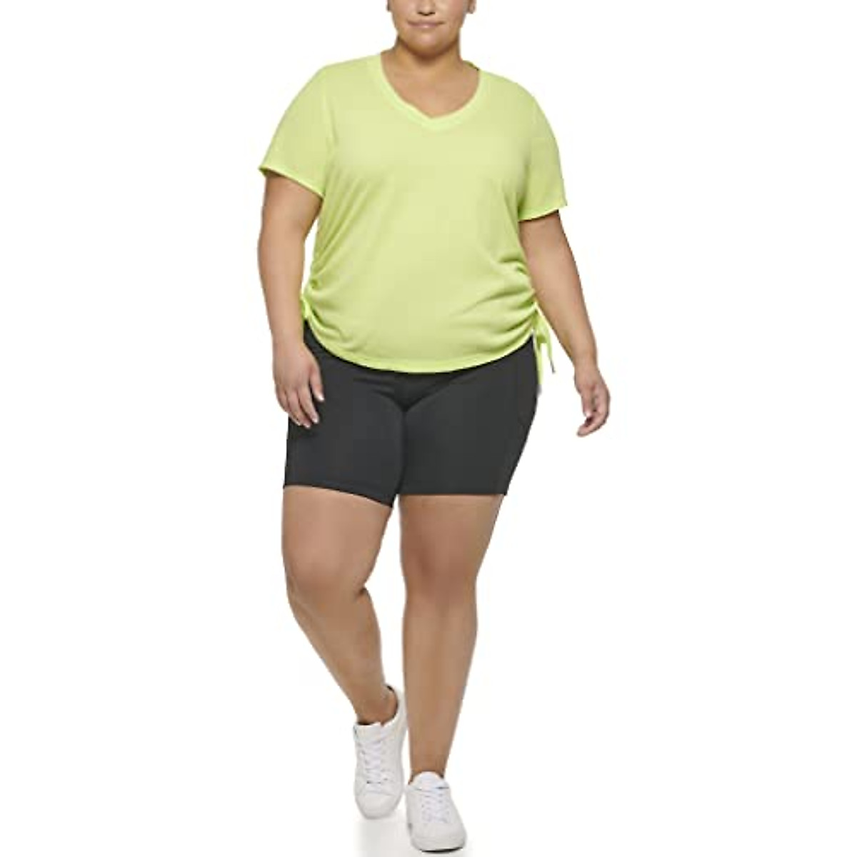 Calvin Klein Performance Women Plus Size Active Textured Pique Mesh Adjustable Side Ruching Top, Lime Fizz, 2X