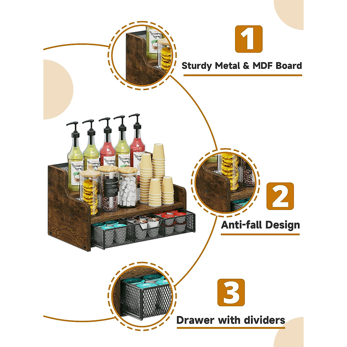 Tiaoheka Coffee Station Organizer for Countertop, Wood Coffee Bar Organizer with Drawer, Kcup Coffee Pod Holder Storage Box, K Cup Holder Organizer for Coffee Bar Accessories