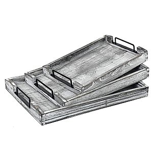 VERGOODR Country Rustic Torched Wood Nesting Breakfast Serving Trays with Handles, Set of 3 (White Grayish)