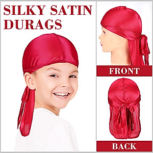 4 Pcs Kids Satin Durags Head Wrap Silk Durag Cap with Long Tail Wide Strap 360 Waves Cap Toddler Durags for Boy Girls (Black, Wine Red, Blue, Camouflage Blue)