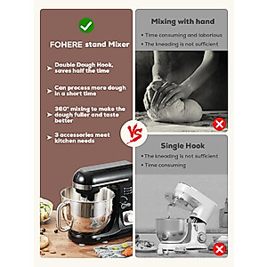 Stand Mixer Fohere, with Double Dough Hook, Wire Whip & Beater, 6+ P Speed Tilt-Head Food Mixer, Pouring Shield for Home Cooking, Dishwasher Safe Stainless Steel Bowl with Handle (Black)