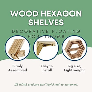 IZB HOME Hexagon Shelves Honeycomb Shelves - Hexagon Floating Shelves Set of 3 Hexagon Shelf, 3 Movable Mid Plates Included - Natural Wood Color