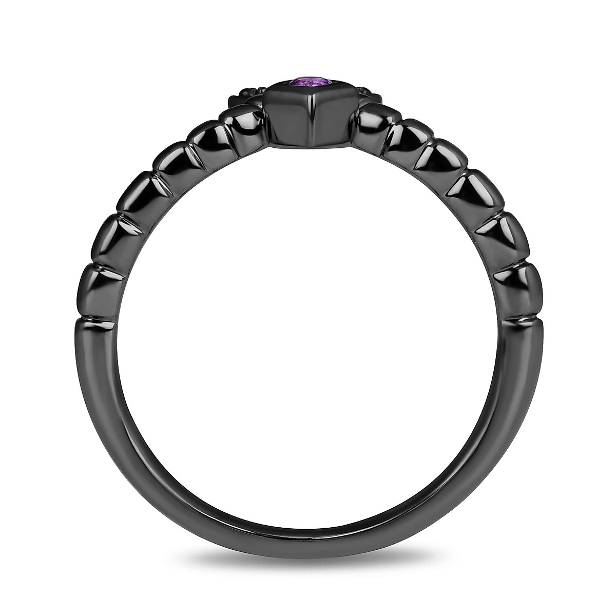 Jewelili Enchanted Disney Fine Jewelry Black Rhodium Over Sterling Silver 2MM Round Amethyst and Heat Treated Black Diamond Accent Maleficent Villain Ring Size 7
