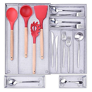 WuGeShop Expandable Kitchen Drawer Organizer, Large Silverware Organizer, Adjustable Mesh Utensils Cutlery Tray with Anti-slip Mat (7+2 Compartment, Silver)