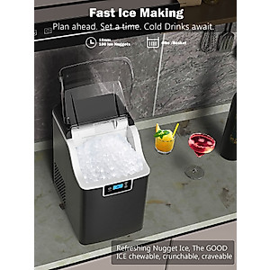 Kndko Nugget Ice Maker with Chewy Ice,High Ice-Making of 45lbs/Day/14,000pcs, Self-Cleaning,24-Hour Timer for Home Kitchen Bar Party,Bright Black Stainless Steel