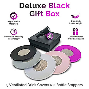 Premium Wine Glass Covers Set of 5 with 2 Bottle Stoppers-Outdoor Ventilated Wine Glass Covers for Bugs-Silicone & Stainless Steel Mug Cover Lid Set for Tumbler-Bug Fly Lids for Glasses-Amethyst Moon