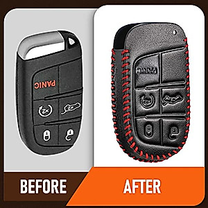 Slohif for Jeep Key Fob Cover Keychain Accessories for Grand Cherokee Renegade Chrysler 200 300 Dodge RAM Durango Charger Challenger Journey Dart Fiat 5 Buttons, Leather Case+D-Ring+Hook(Black)