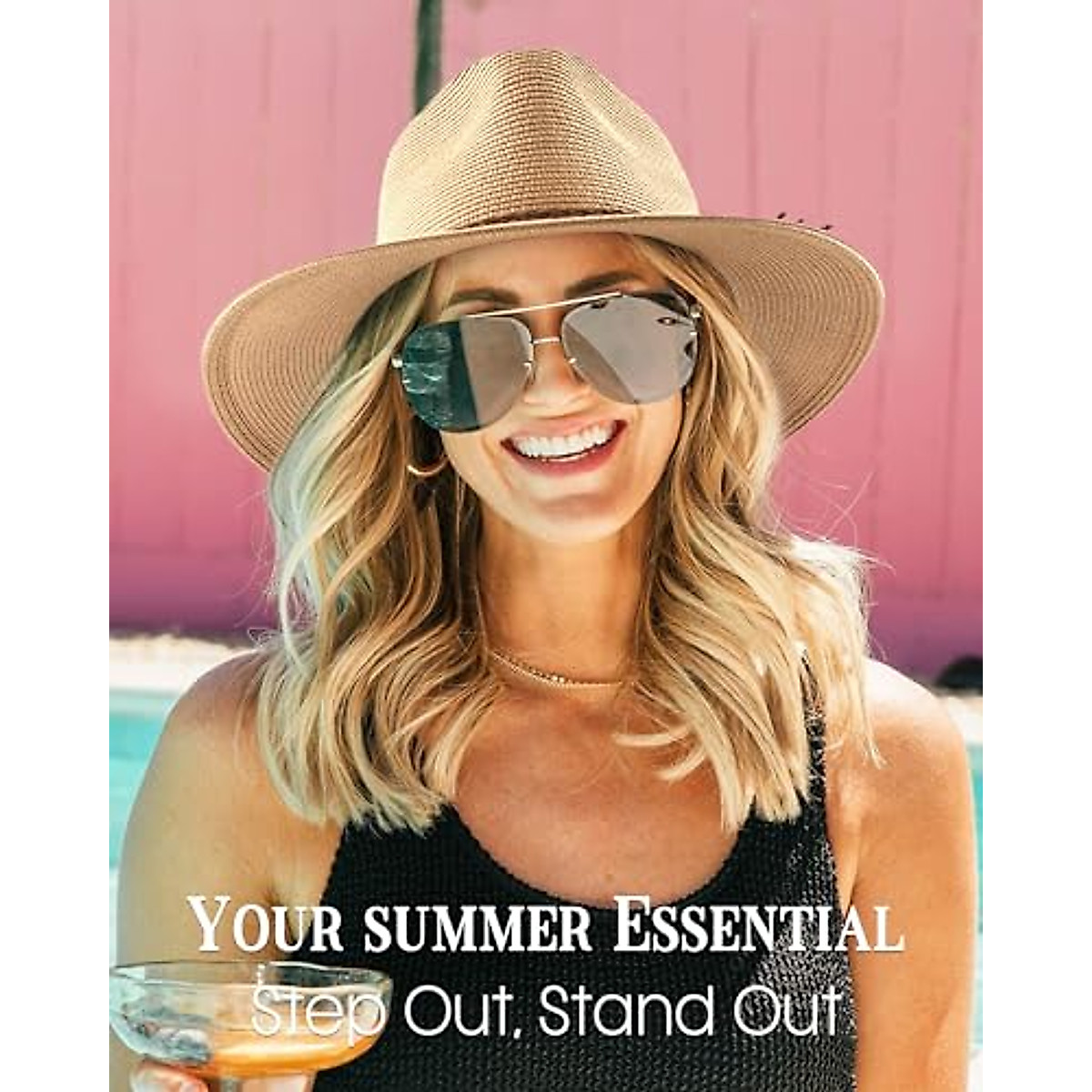 FURTALK Sun Hats for Women Summer Wide Brim UV UPF 50+ Panama Fedora Foldable Packable Straw Beach Hat Khaki