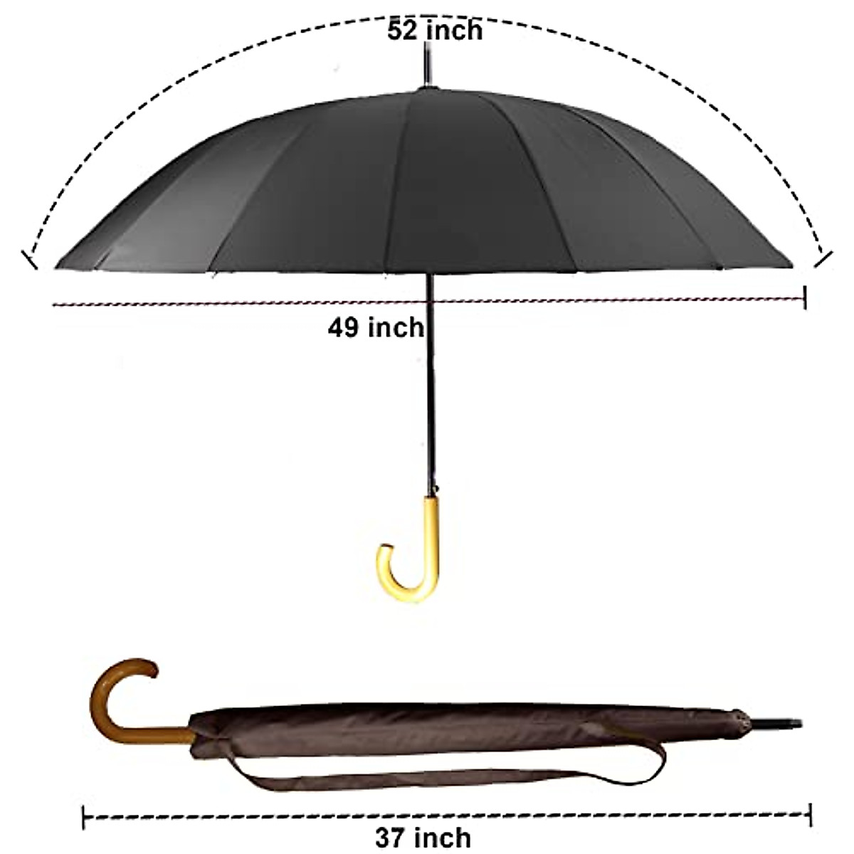 MRTLLOA 52 Inch Windproof Large Umbrellas for Rain, 16 Ribs, J Wooden Handle, 210T High-density Fabric Golf Stick Umbrella(52 Inch, Black)