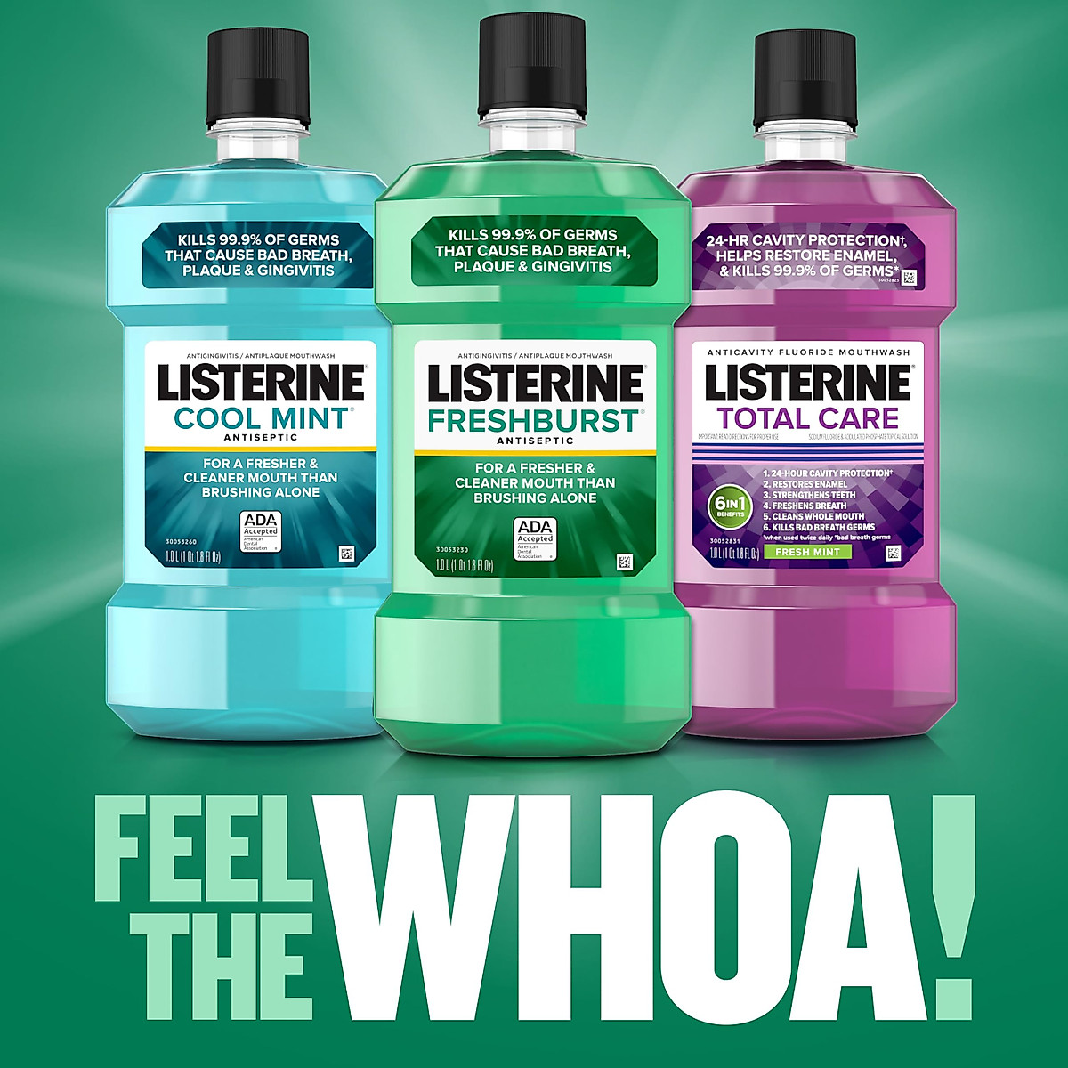 Listerine Freshburst Antiseptic Mouthwash for Bad Breath, Kills 99% of Germs that Cause Bad Breath & Fight Plaque & Gingivitis, ADA Accepted Mouthwash, Spearmint, 1 L