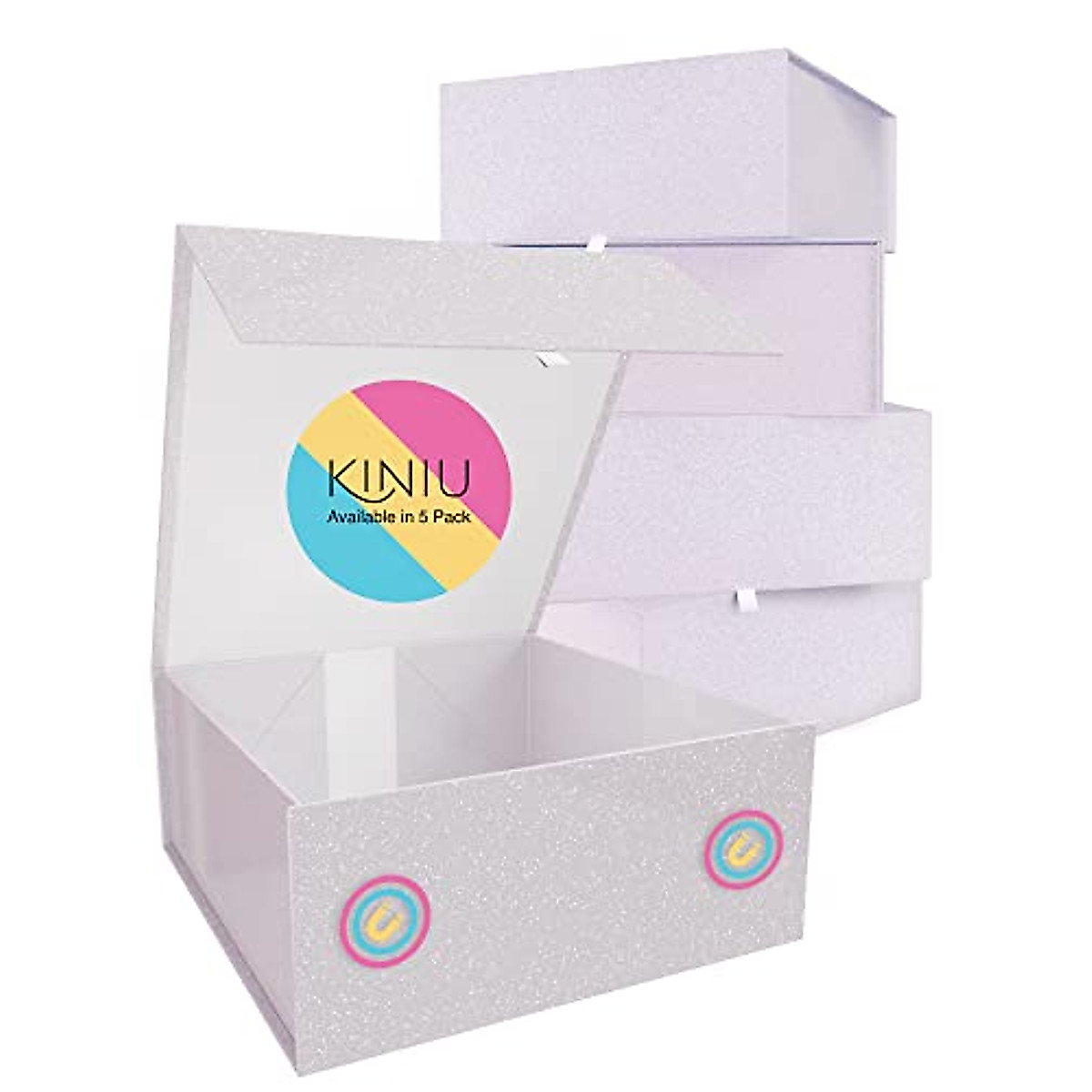 kiniu 5 Glitter Gift Boxes with Lids Bulk 9.25x9.25x3.75 Inches - Collapsible Gift Box with Lid and Tissue Paper - Magnetic Boxes for Gifts, Groomsman Box Proposal, Wedding, Birthday, Christmas (Glitter)