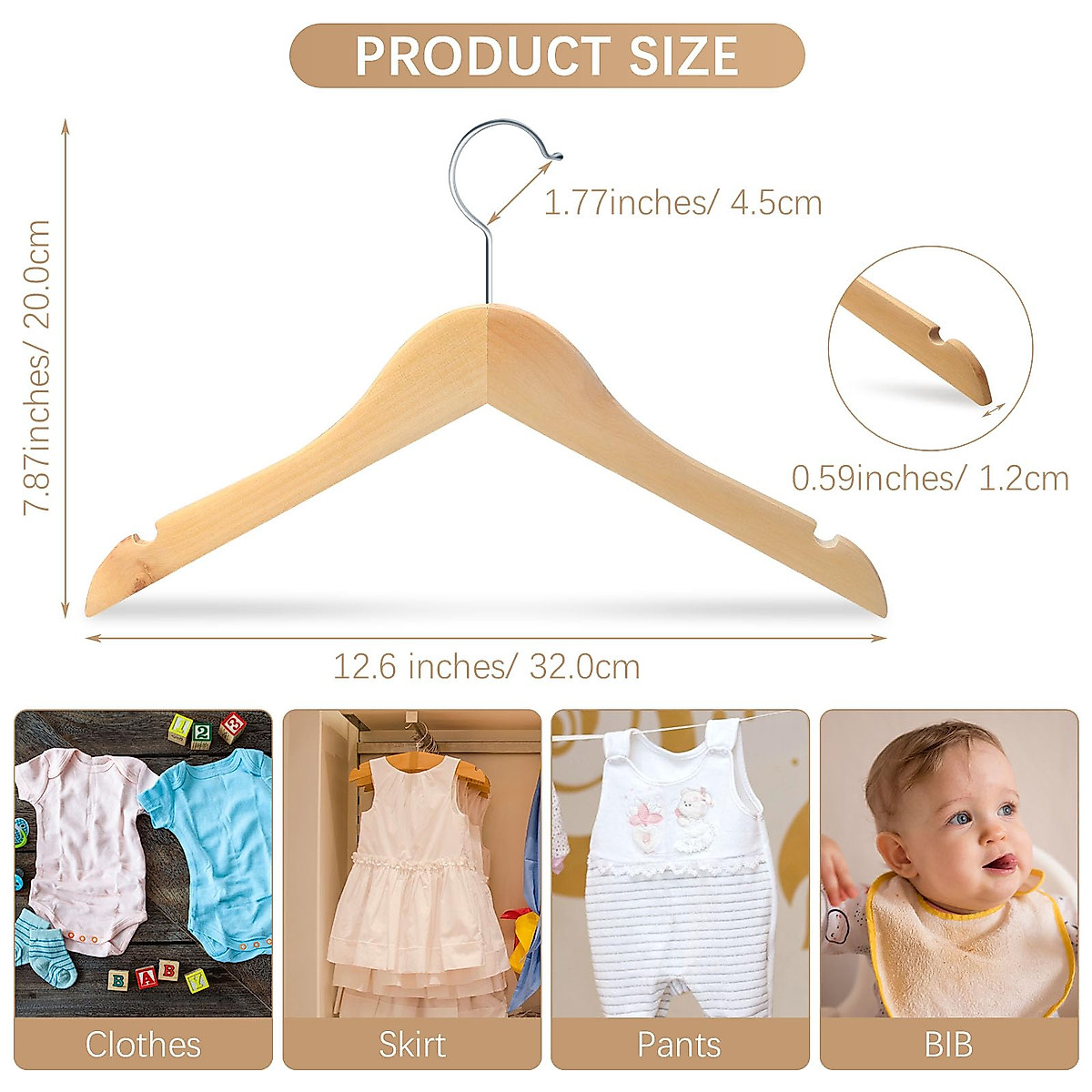 Pinkunn 50 Pcs Wooden Hangers for Baby Kids Hangers Solid Wood Baby Hangers Children's Coat Hangers with Pants Bar Shoulder Notches Anti Rust Swivel Hooks 12.6 Inch (Stylish Style)