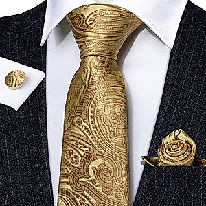 Barry.Wang Men Tie Set Paisley Gold Silk Necktie Pocket Square Cufflinks Formal Wedding Party Business Prom