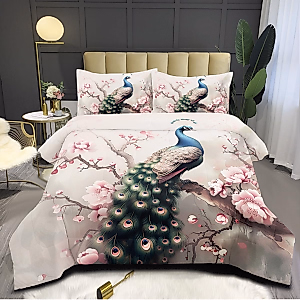 CCoutueChen Bohemian Feather Comforter Bedding Set King Size Floral Peacock Bed Sets Flowers Peacock Comforter Insert Vintage Bird Animal Bedding 3Pcs Soft Lightweight Comforter(Girls Women Adult)