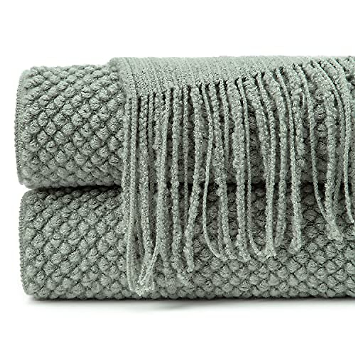 Chanasya Textured Knitted Sage Green Throw Blanket With Tassels - Soft Acrylic Bohemian Farmhouse Chic Accent Throw - Decorative for Sofa Chair Couch Bed Living Room (50x65 Inch) Boho Tan Sage Blanket