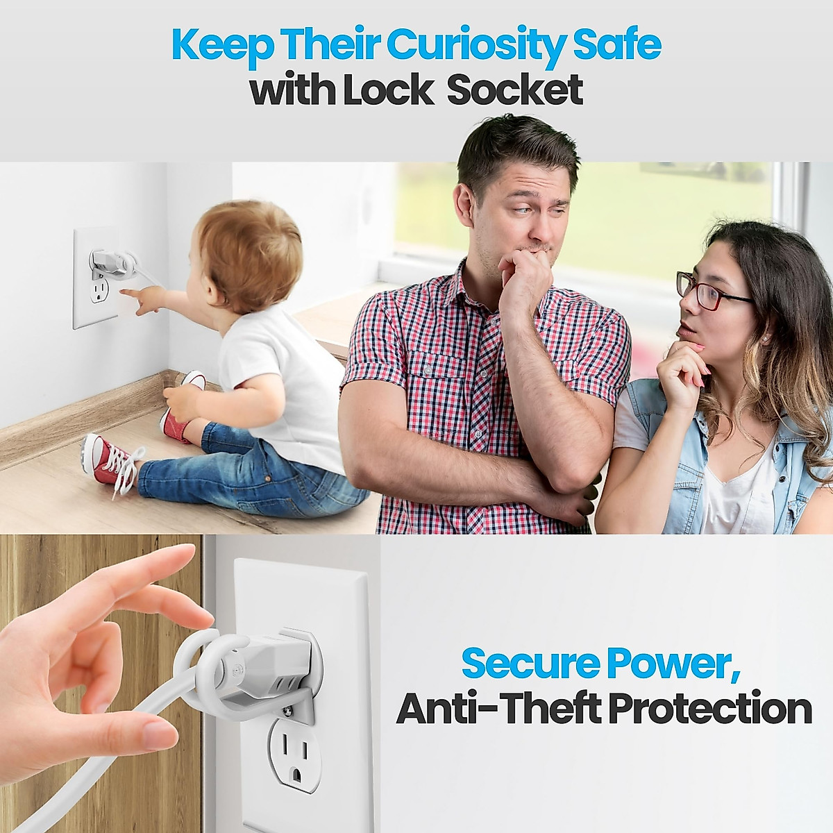 Lock Socket Outlet Lock - Anti Theft Outlet Lock to Secure Three Pronged Plugs, Innovative Way to Prevent Unplugging, Secure Locks for Cords, Includes Security Screw & Allen Wrench - White