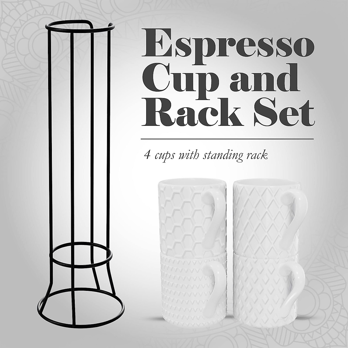 American Atelier Ceramic Mini Espresso Cups Set of 4, 3oz - Stackable Tiny Mugs for Small Shots of Coffee with Metal Stand - Use Demitasse Espresso Mug Racks for Any Kitchen or Café (Embossed)