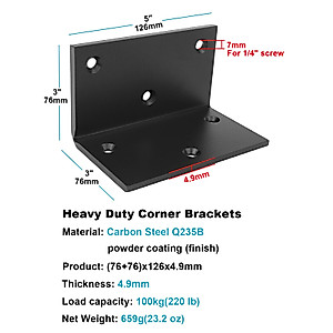 heneng 2 Pcs 3" x 5" Black Corner Brackets, L Shape Angle Connector, 6 Gauge, Max Load 220 lbs