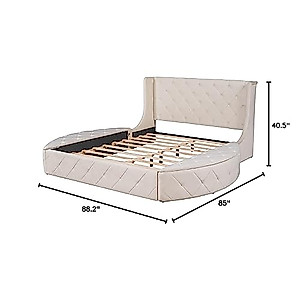 YUNLife&Home Upholstered Queen Size Platform Storage Bed with Wingback Headboard, 1 Big Drawer and 2 Side Storage Stool, Velvet Upholstered Bed Frame, Wooden Bed Frame, No Box Spring Needed