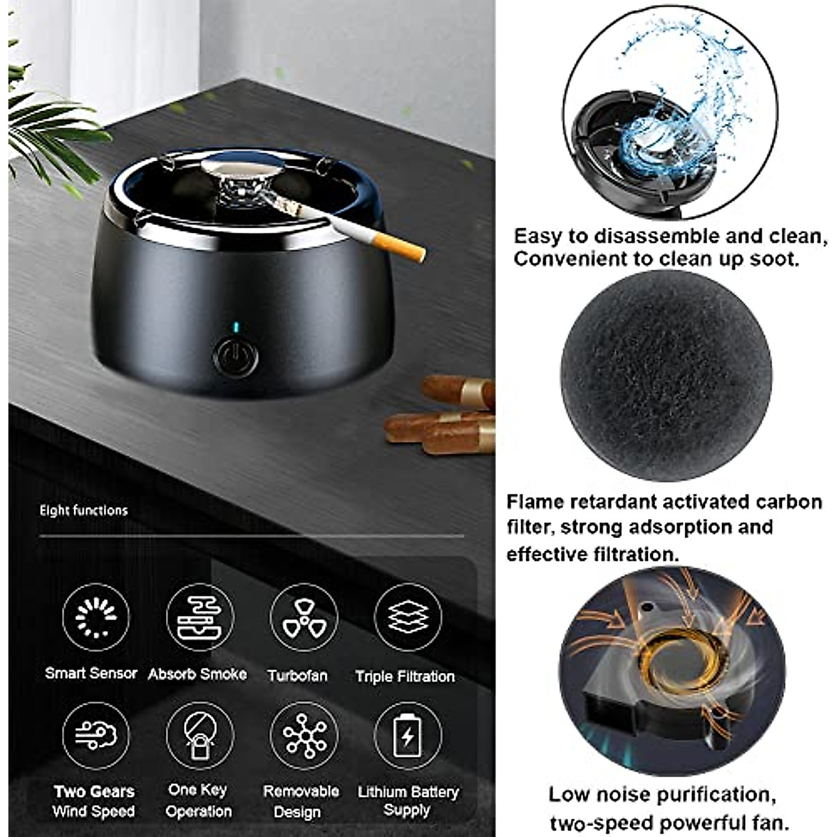 iLeefy 2 in 1 Air Purifier Multifunctional Smokeless Ashtray USB Rechargeable Ash Tray Electronic Ashtray with Filter, Best for Home Office or Car (Black)