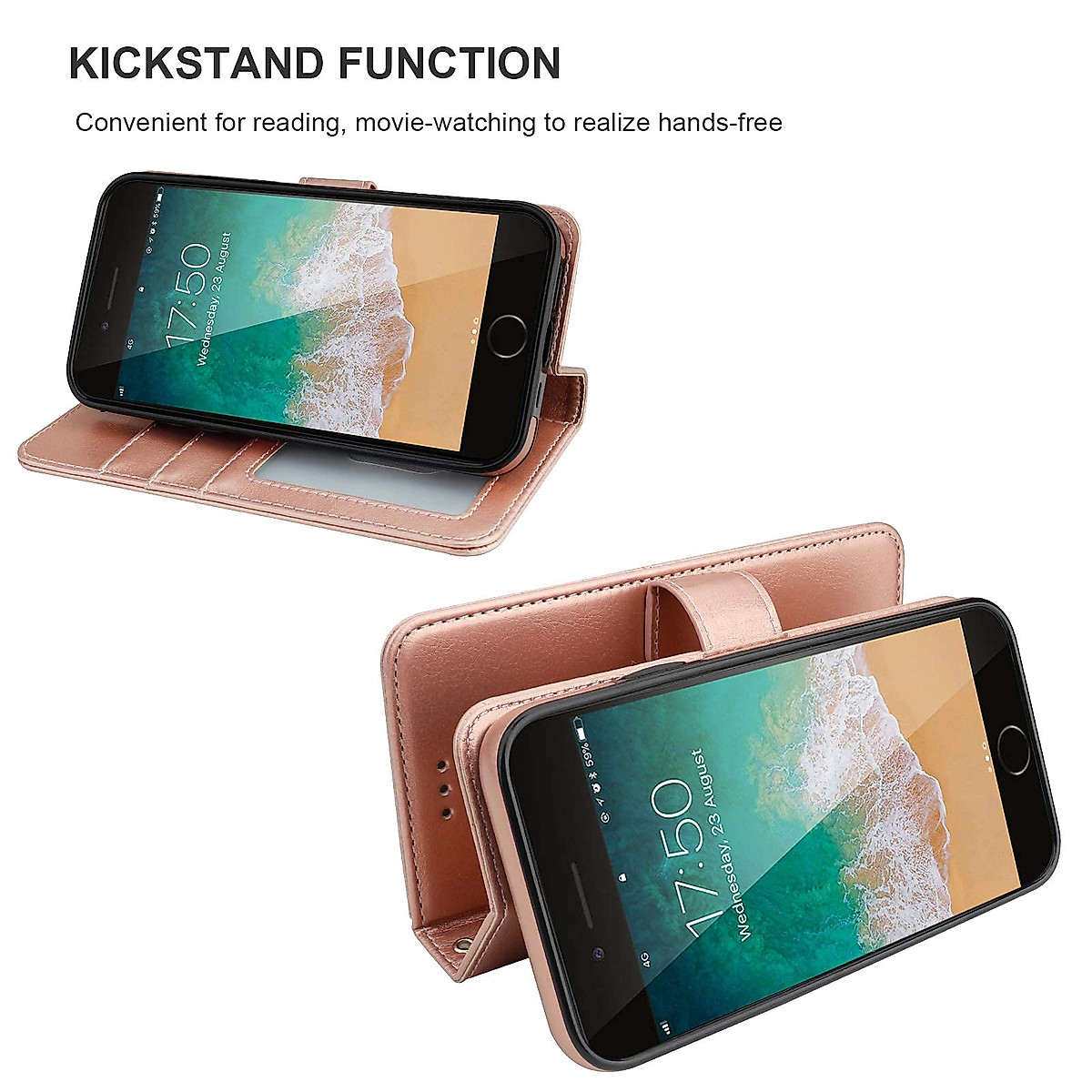 Bocasal for iPhone SE (2022)/SE (2020)/8/7 Wallet Case with Card Holder PU Leather Magnetic Detachable Kickstand Shockproof Wrist Strap Removable Flip Cover for iPhone 7/8/SE2/SE3 4.7 inch (Rose Gold)