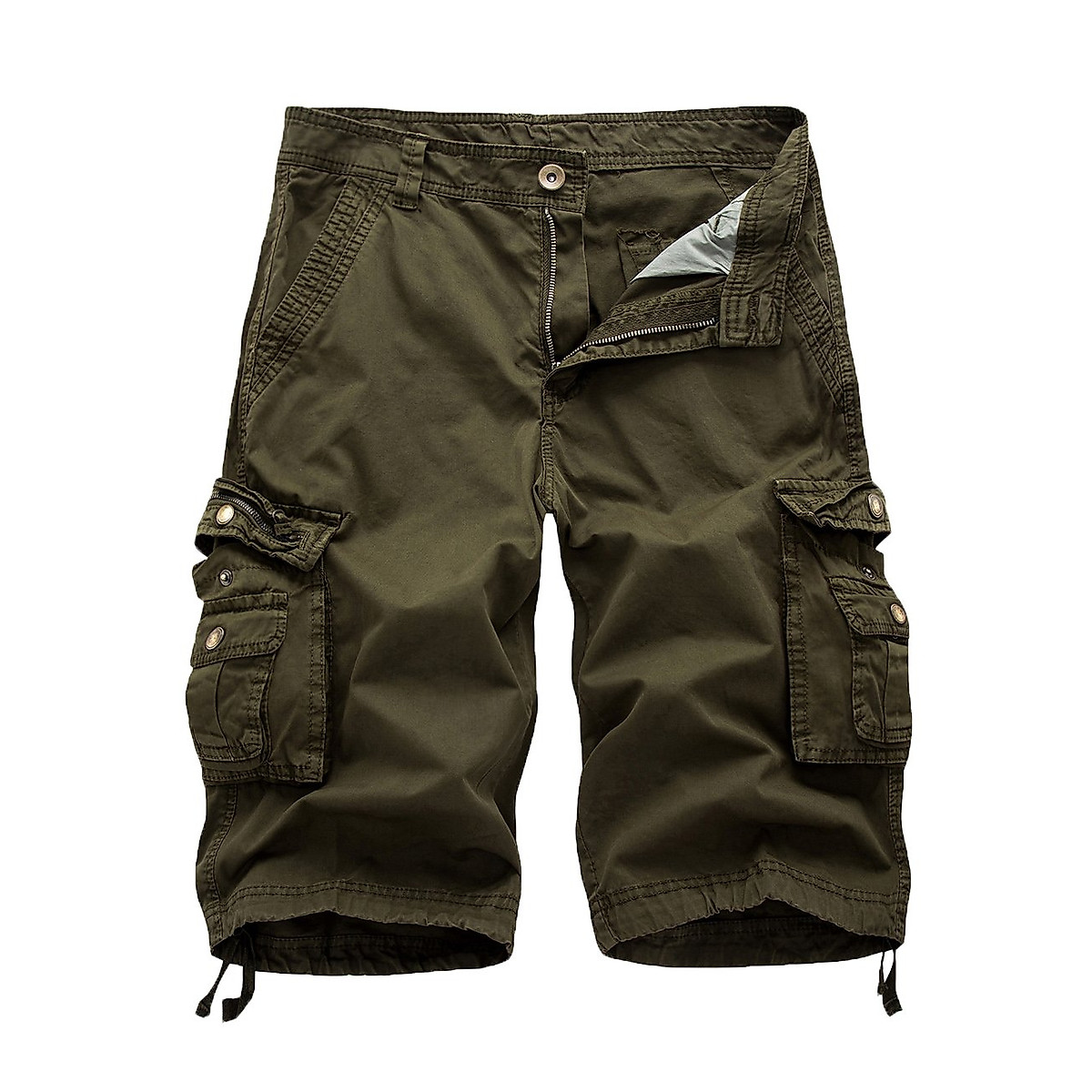 FOURSTEEDS Women's Cotton Loose Zipper Multi-Pockets Twill Bermuda Drawstring Women Cargo Shorts Army Green US 14