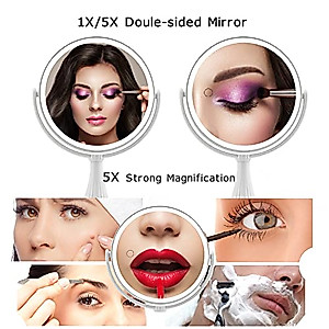 McegFen Rechargeable Lighted Makeup Mirror, 3 Color Lights Double-Sided 1x/5x Magnifying Mirror, Brightness Adjustable Smart Vanity Mirror with Lights Mode 360°Swivel and Touch Control Design