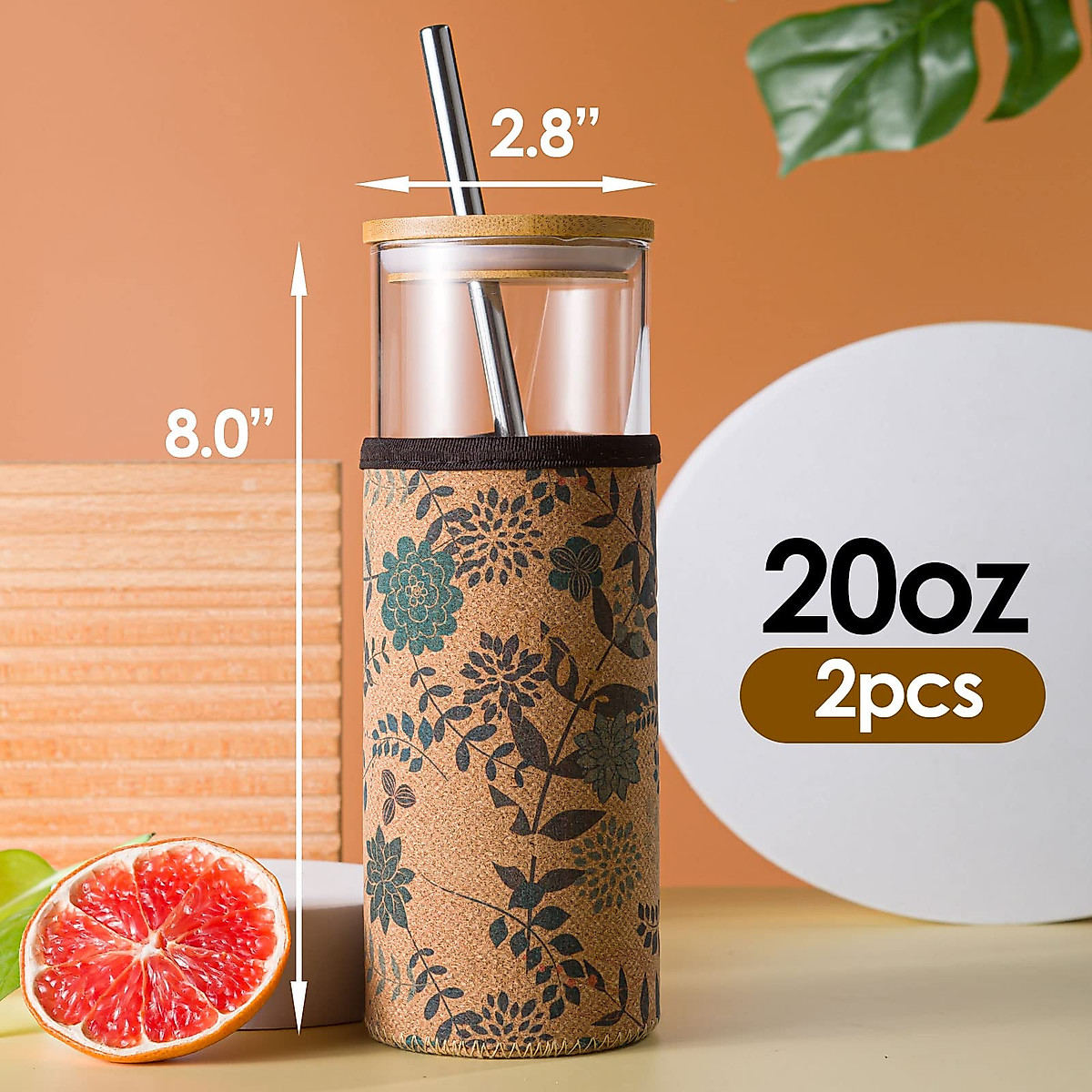 20oz Glass Tumbler with Bamboo Lid and Straw, Wide Mouth Water Tumbler with Protective Sleeve, Drinking Cups, Drinking Jars, Claplante Iced Coffee Cup, Spill Proof Glass Water Bottle, Glass Cup