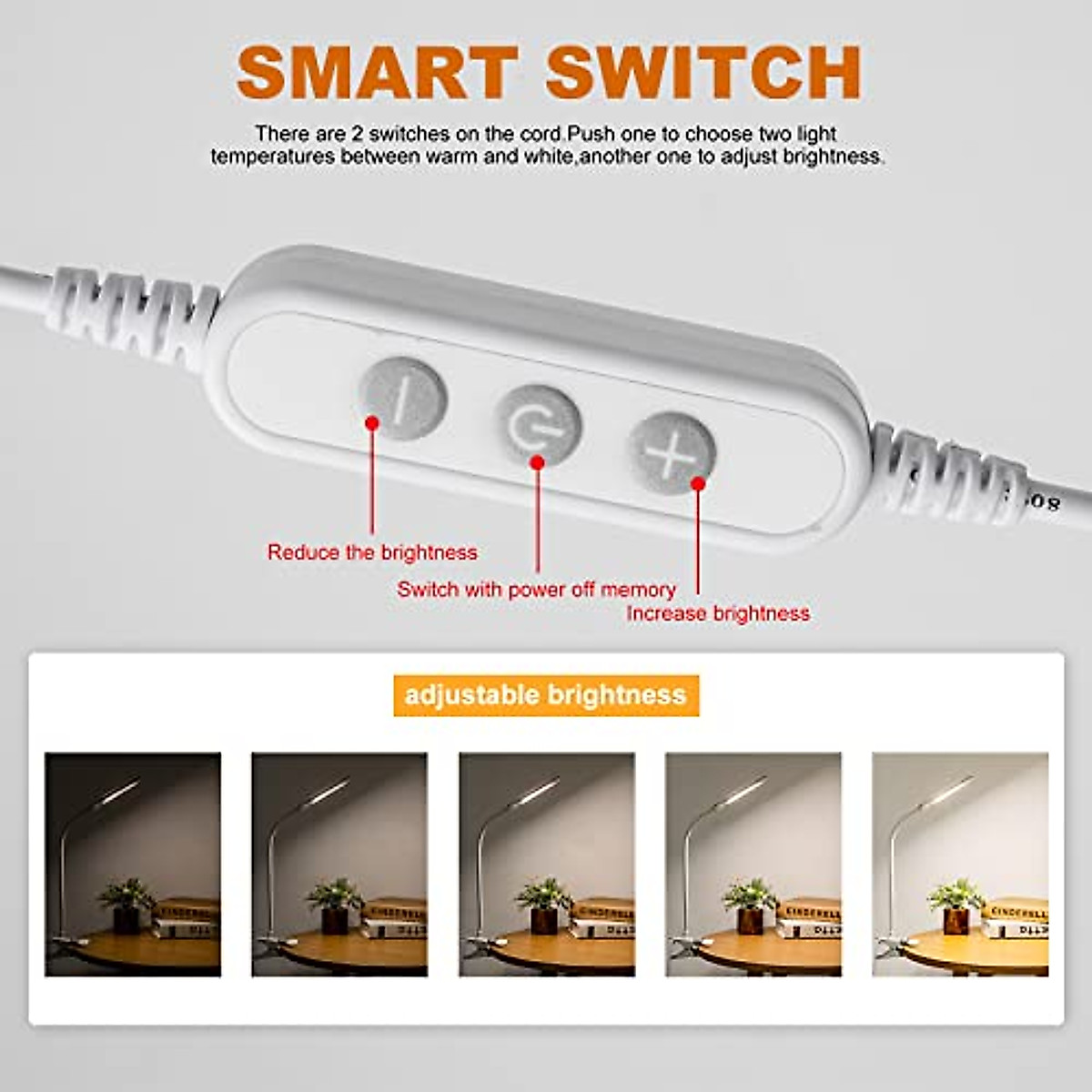 Eye Caring Desk Lamp with Clamp,Full Spectrum Eye Protection LED Clip on Desk Lamp,Dimmable Bright 8W Book Light for Reading in Bed,Daylight USB Powered Adjustable Gooseneck Small Desk Lamp for Dorm