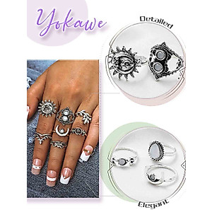 Yokawe Vintage Crystal Rings Set Silver Boho Rhinestone Finger Rings Star Moon Knuckle Ring Gem Joint Ring Stacking Midi Rings Jewelry for Women(14 PCS)