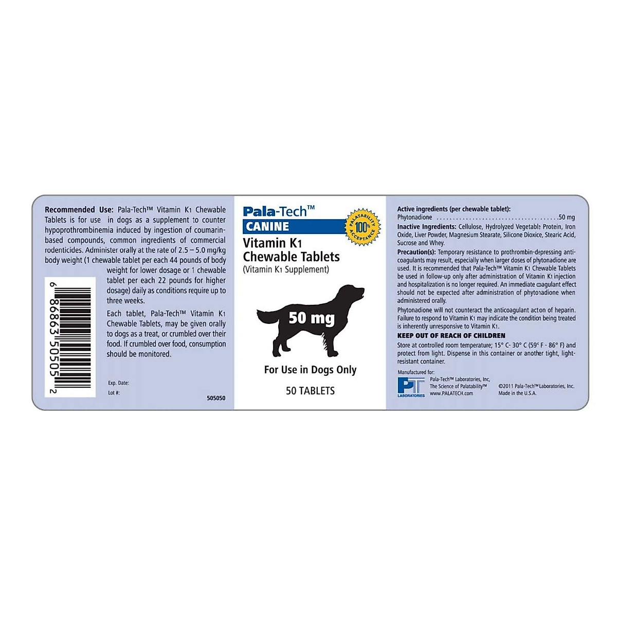 Pala-Tech Vitamin K1 Chewable Tablets For Dogs, 50 mg, 50 Tablets