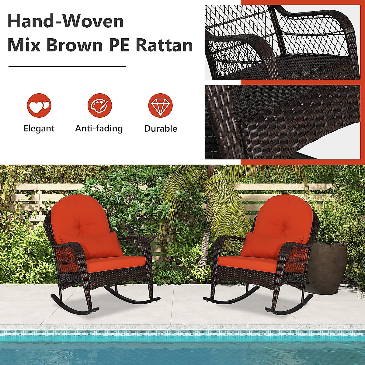Tangkula Outdoor Wicker Rocking Chair, Patio Rattan Rocker with Seat Back Cushions & Waist Pillow, Sturdy Metal Frame, Mix Brown Outdoor Rocker for Balcony, Porch, Backyard (1, Orange)