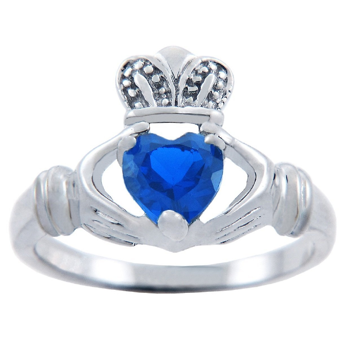 Personalized Sterling Silver Solitaire September Birthstone Heart CZ Irish Claddagh Ring (Size 7)