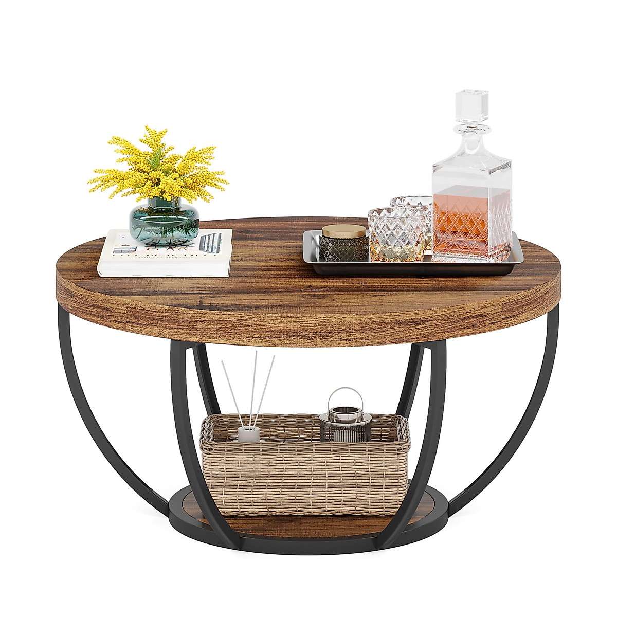 Tribesigns Round Coffee Table, 31.7" Wooden 2-Tier Circle Coffee Table with Storage Shelves, Modern Accent Cocktail Table Center Table for Living Room, Rustic Brown