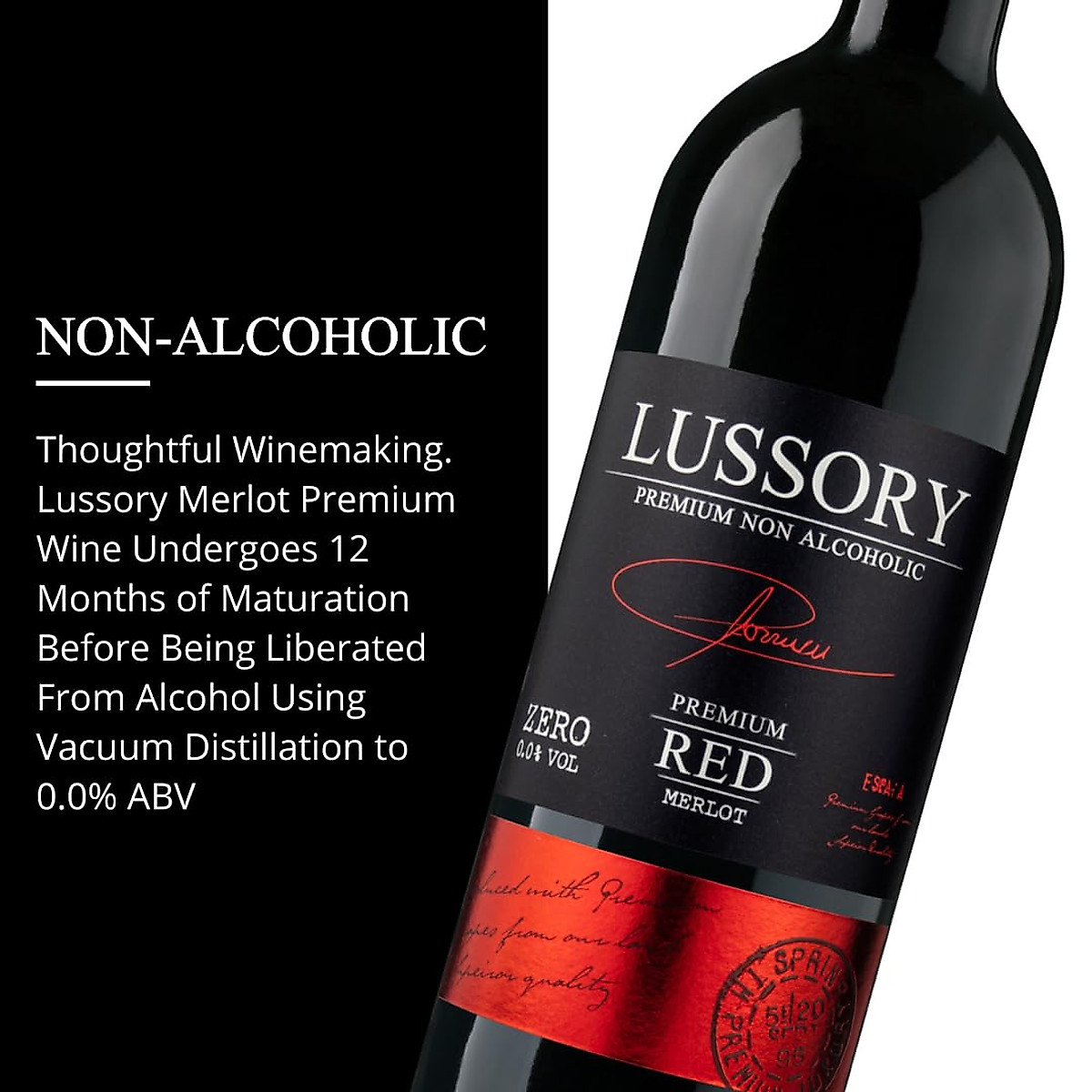Lussory Premium Merlot Alcohol Removed 0.0% Dealcoholized Red Non Alcoholic Wine From Spain, Low Calories, Low Sugar, Halal Certified (750ml, 1 Bottle)