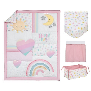 NoJo Happy Days Pink, White, and Yellow Rainbows and Sunshine 4 Piece Nursery Crib Bedding Set - Comforter, 100% Cotton Fitted Crib Sheet, Crib Skirt and Reversible Storage