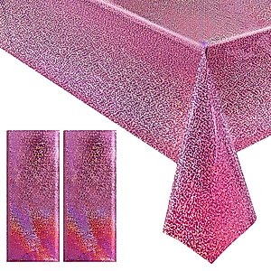 Just Shimmer 2 pcs Pink Holographic Plastic Tablecloths Laser Table Covers 40" x 108" Foil Disposable Table Cloths for Party Birthday Wedding Christmas Holiday Party Decorations