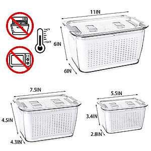 HIEEY 6pack-Drain basket 6-Piece Fruit Storage Containers for Fridge with Strainer,Produce Containers for Fridge,Lettuce Keeper,White (Not Dishwasher Safe) | BPA-Free