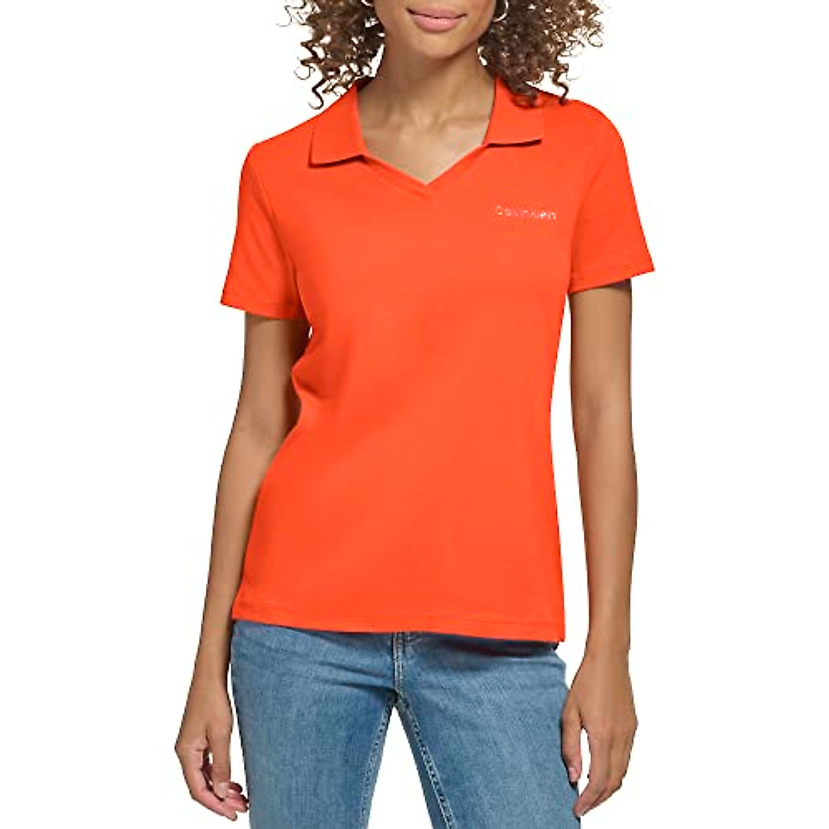 Calvin Klein Women's Lower Neckline Casual -Collar 1x1 Rib Cotton Short Sleeve, Flame