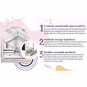 DNYN Twin Size House Bed with Storage Drawers for Kid Bedroom,Solid Wood Platfrom Bedframe w/Blackboard Design,Super Save Space & No Box Spring Needed, White