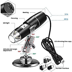 Handheld USB Digital Microscope with Metal Stand, Portable HD 1000 X Magnification Inspection Camera with 8 LED Light for Android Mac Windows Computer