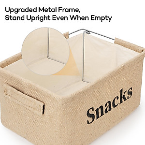 FLINKYE 2 Pack Snack Storage Organizer Basket Bins for Pantry Shelf and Countertop, Large Burlap Snacks Basket Container for Kitchen Office Popcorn Candy Pretzels and more