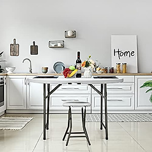 ALIMORDEN 4ft Round Bi-Folding Camp Picnic Table, 48" Portable Plastic Dining Table, Event Commercial Table, Indoor&Outdoor Heavy Duty Trestle Table for Wedding, Party, Garden, Patio, White Granite